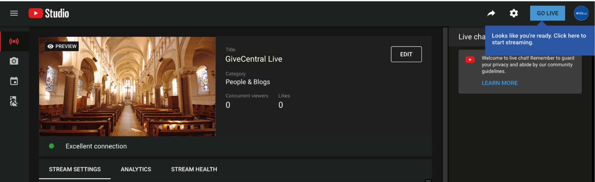 How to broadcast your livestream on YouTube using GiveCentral